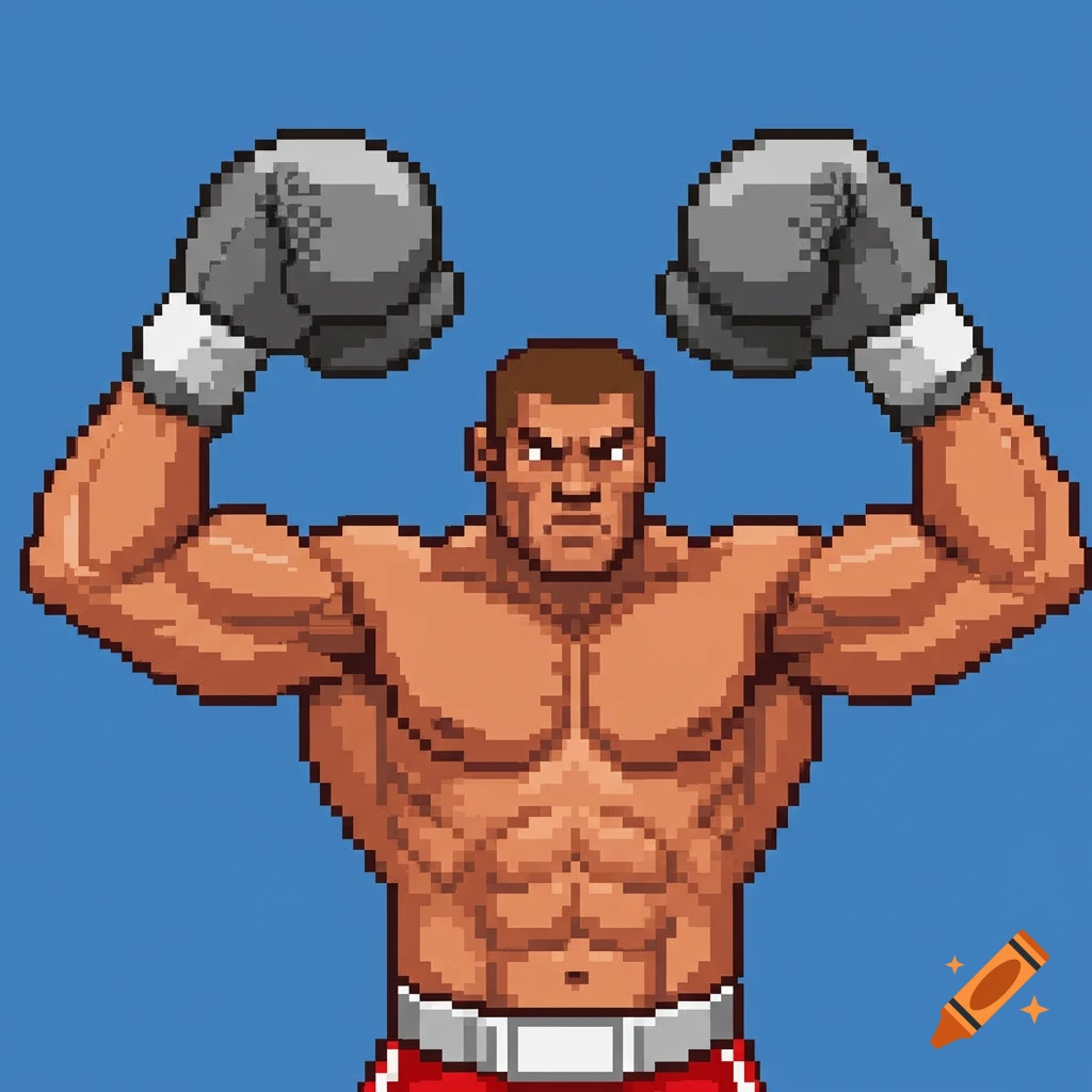 Pixel art illustration of a muscular boxer raising his arms with boxing ...