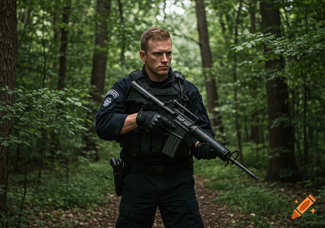Photorealistic portrait of a white male tactical officer with a rifle ...