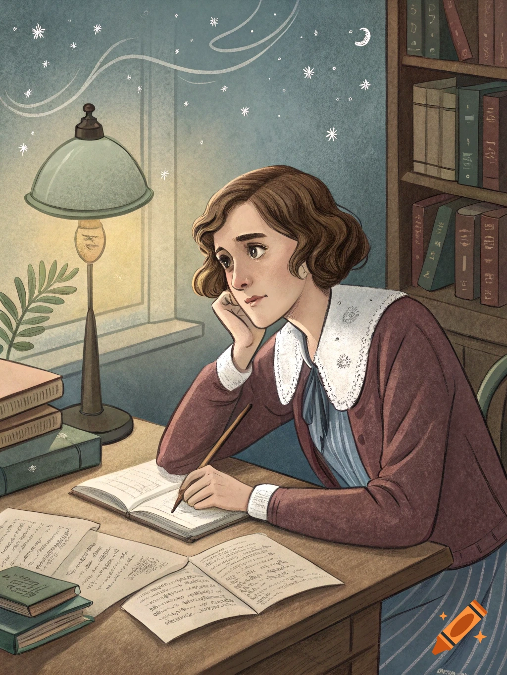 Illustration of a woman writing at a desk with books and papers under a ...