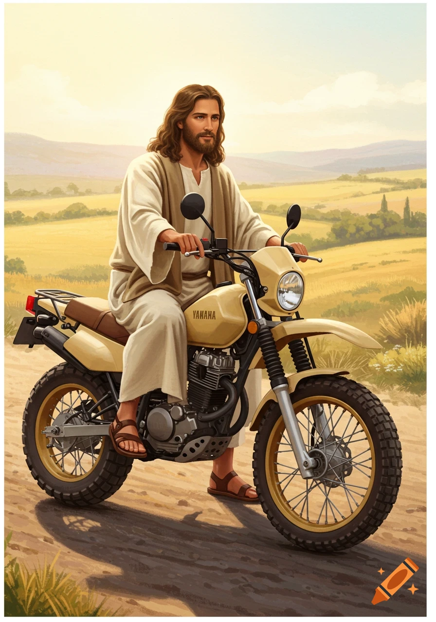 Jesus riding a Yamaha motorcycle in a robe down a dirt road through ...