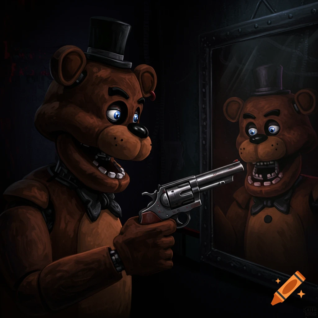 Illustration of Freddy Fazbear holding a gun and looking at his ...