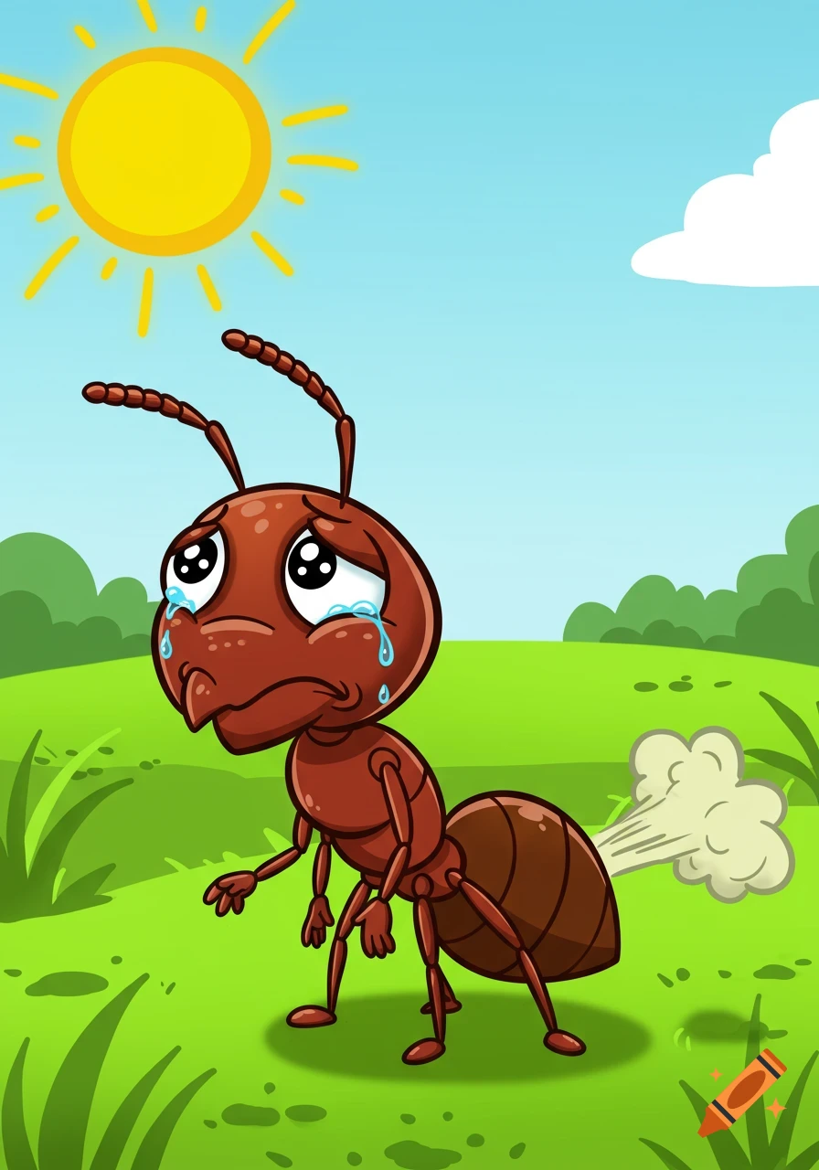 Cartoon ant crying and farting in a field under the sun. on Craiyon