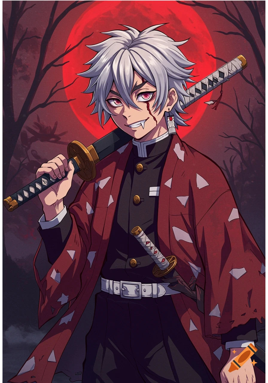 Anime boy with white hair, fangs, blood on face, holding a katana over ...