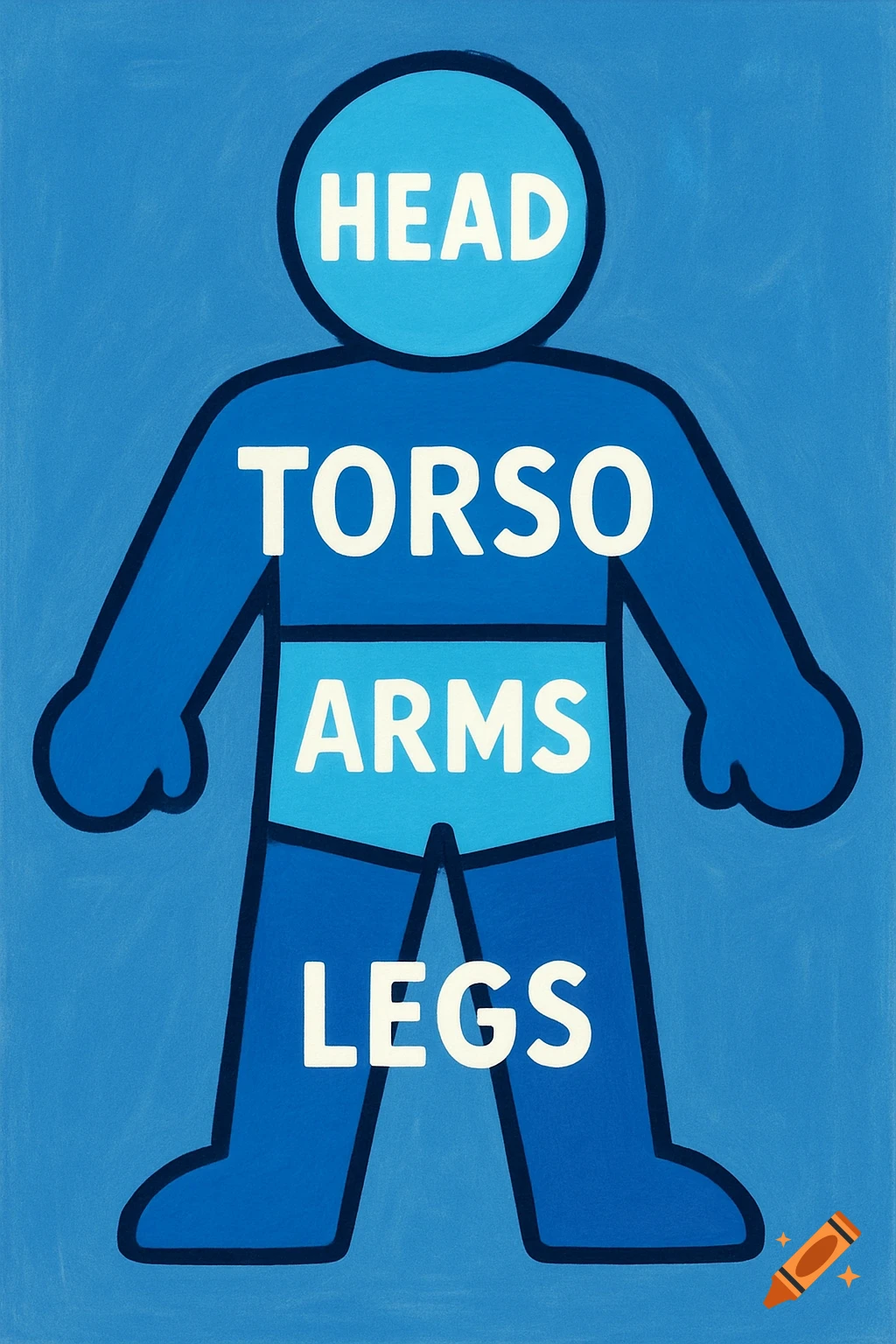 Simplified blue figure labeled with HEAD, TORSO, ARMS, and LEGS. on Craiyon