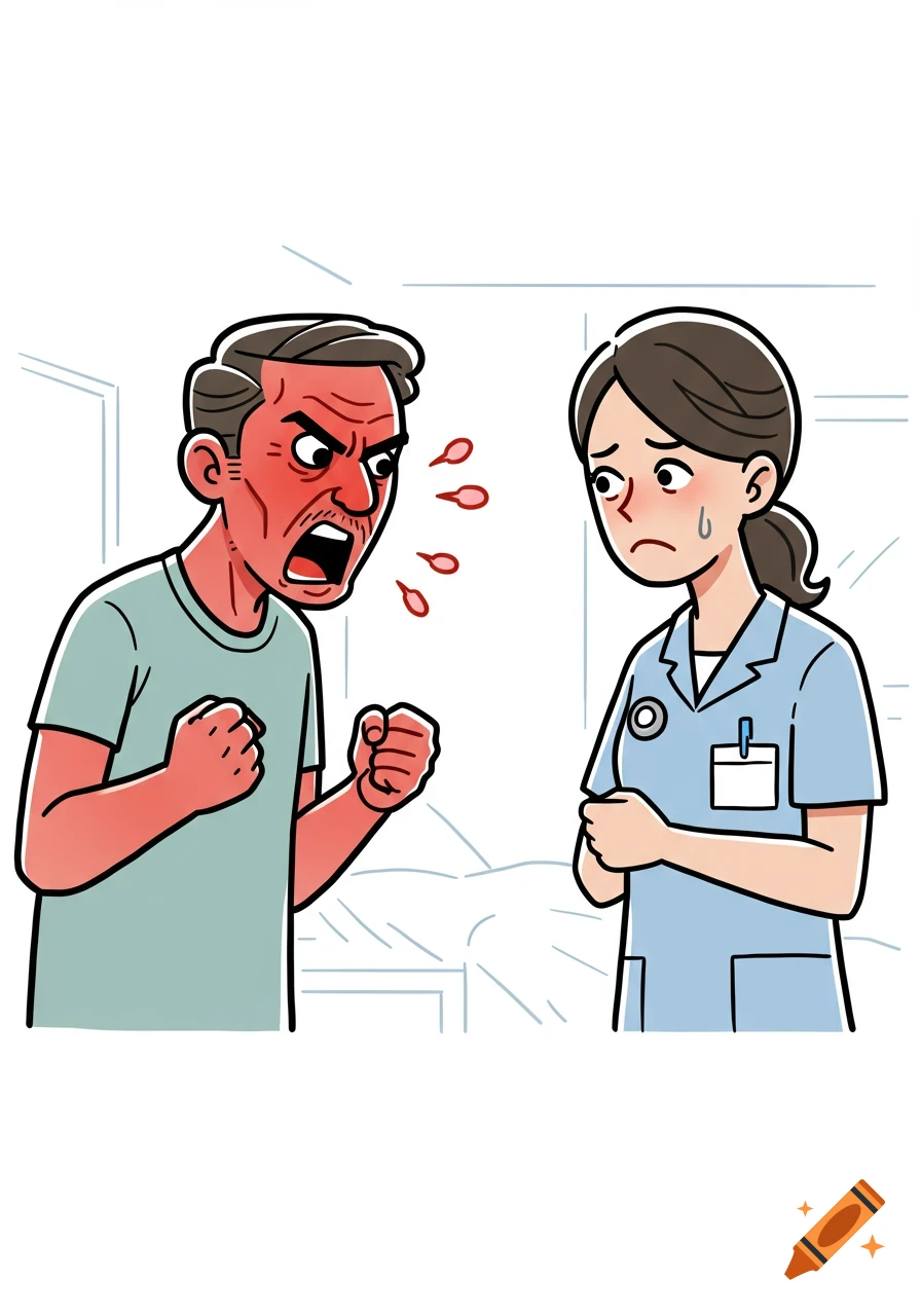 Cartoon illustration of an angry male patient yelling at a scared ...