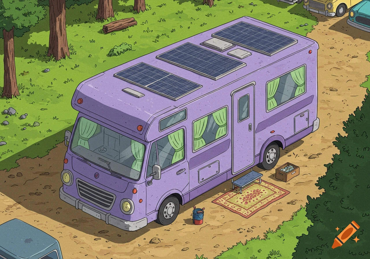 A purple motorhome with solar panels and green curtains is parked ...
