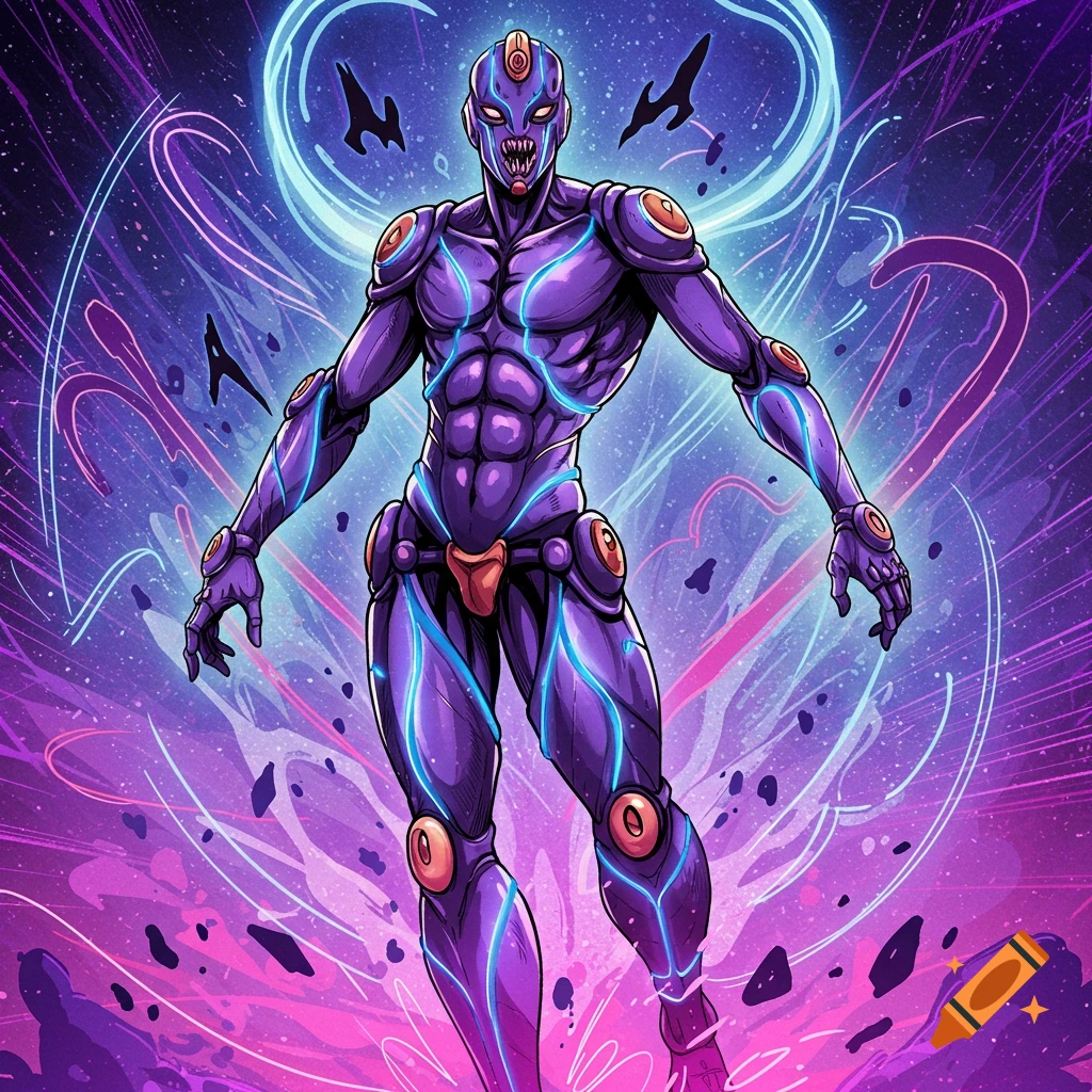 A purple muscular humanoid figure with glowing lines and sharp teeth ...