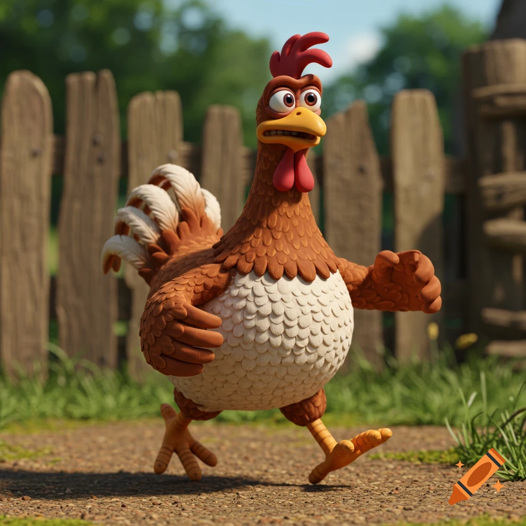 A cartoon chicken character walking on a path, styled like Chicken Run ...