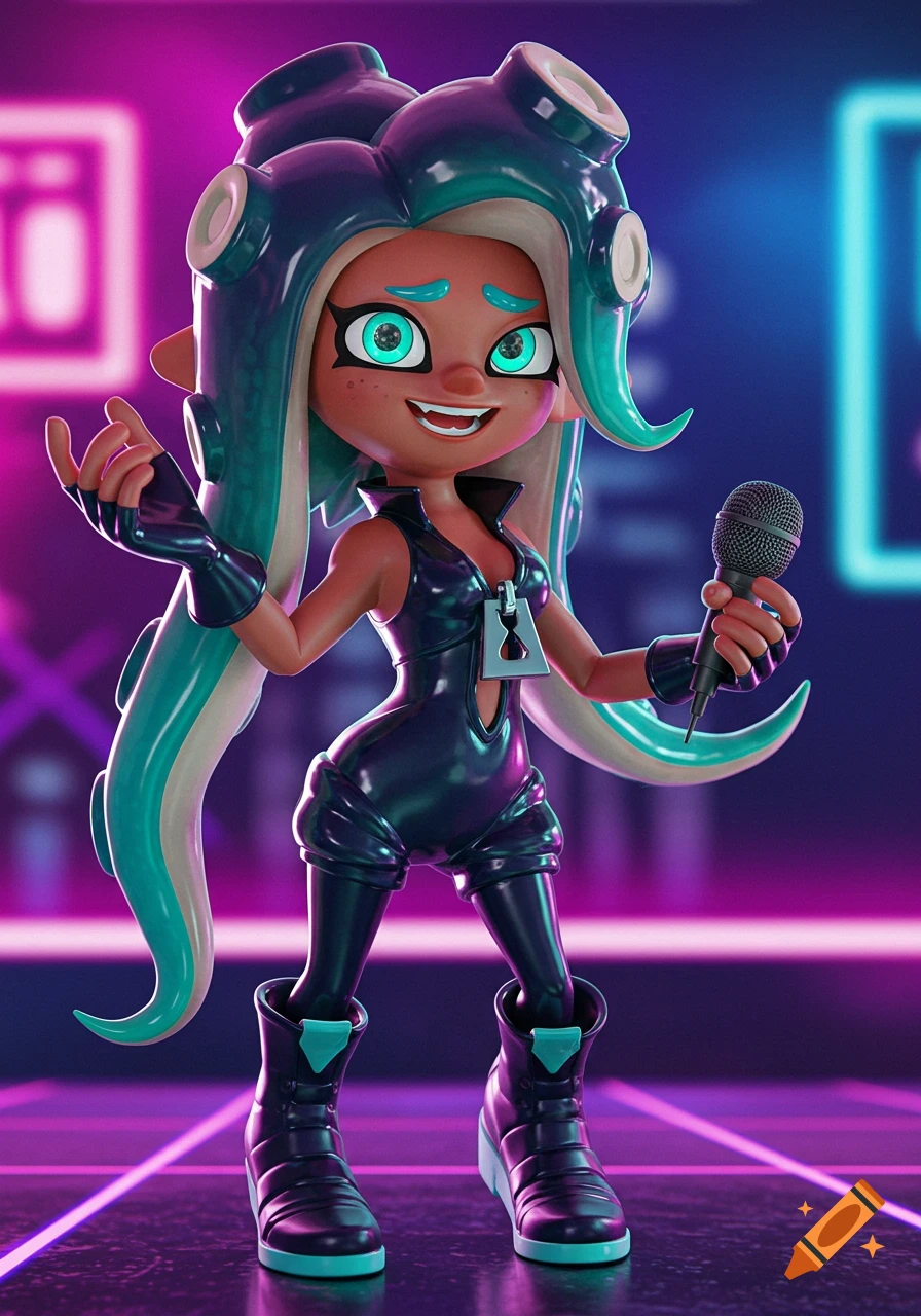 3D render of Marina from Splatoon holding a microphone on a stage on ...