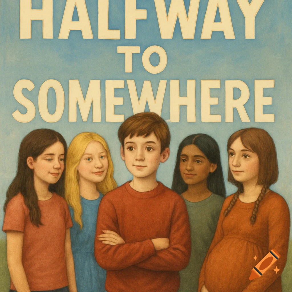 Illustration of five children standing below large text that reads "HALFWAY TO SOMEWHERE" on Craiyon