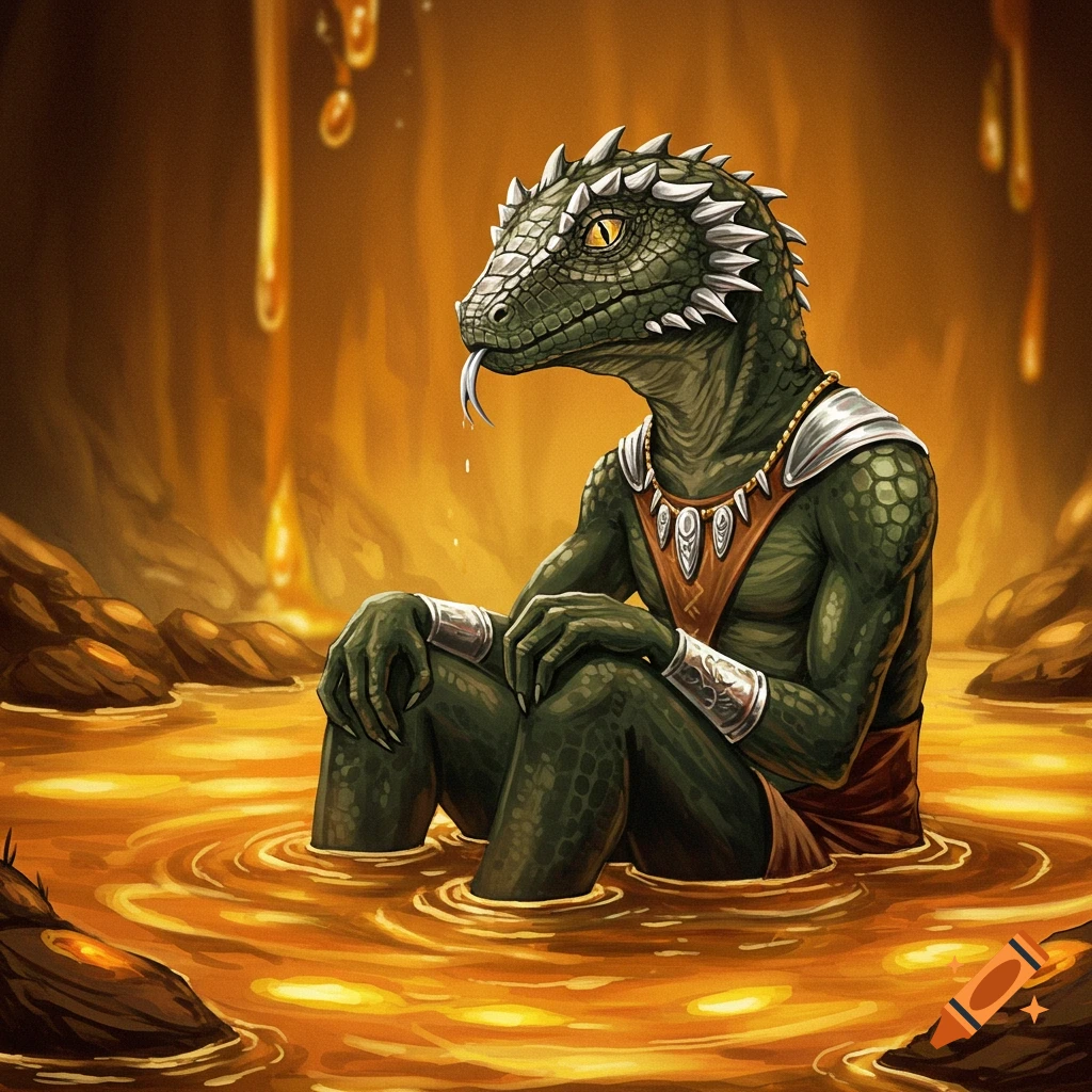 A detailed digital painting of a lizard person sitting in a pool of ...