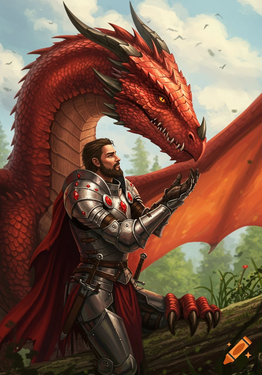 A knight in silver armor with red gems stands before a large red dragon ...