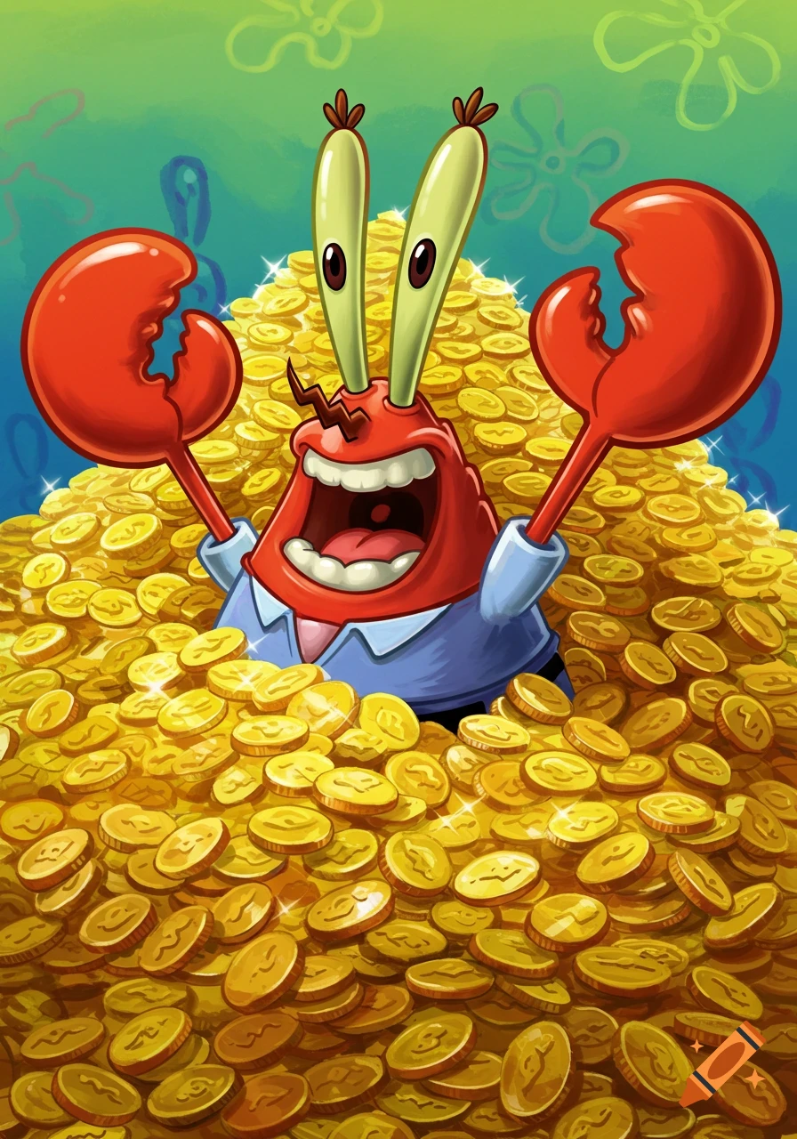 Mr. Krabs from Spongebob Squarepants laughing while buried in a large pile of gold coins. on Craiyon