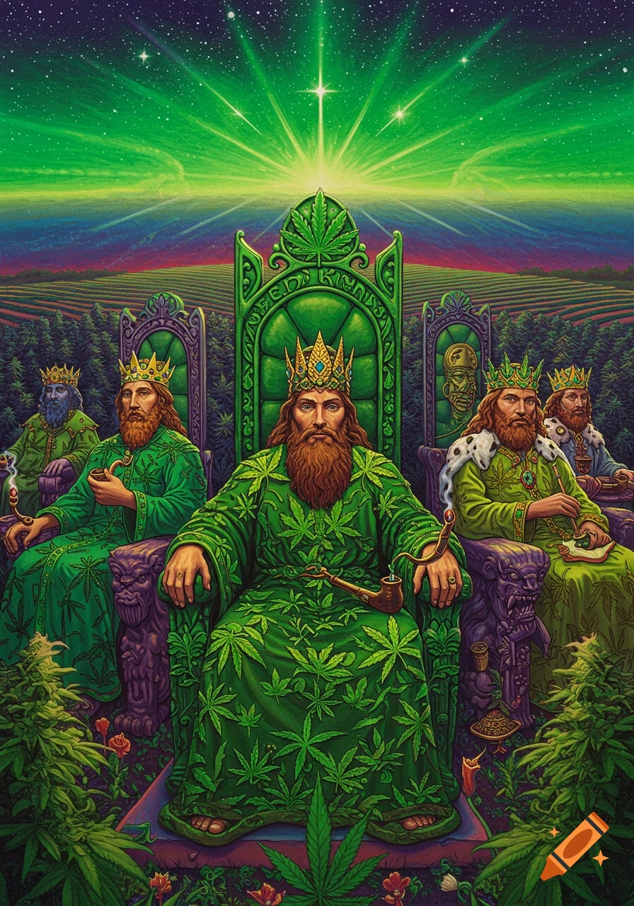 Five kings wearing cannabis leaf robes and crowns sit on ornate thrones ...