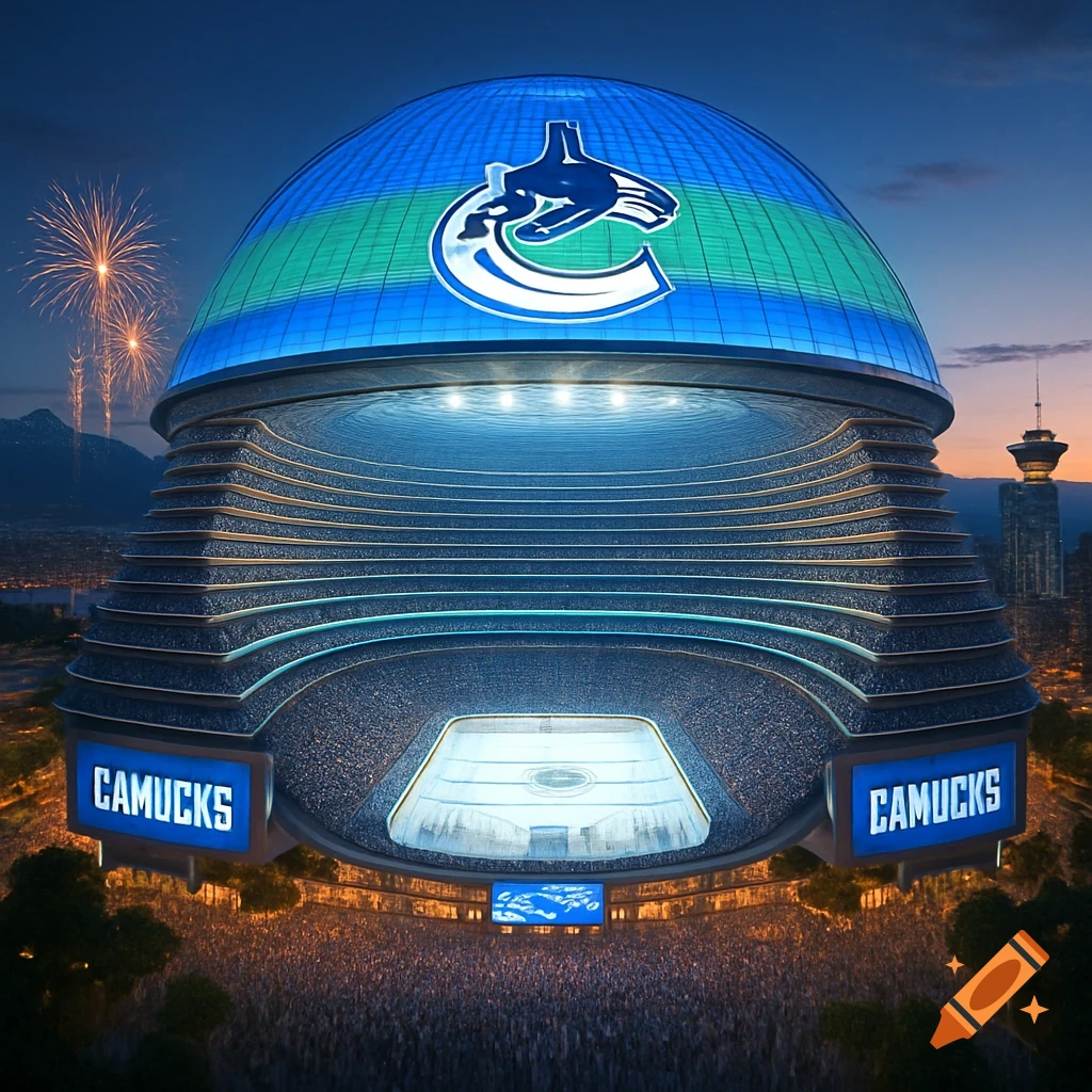 Massive futuristic hockey arena with a glowing dome and Canucks logo ...