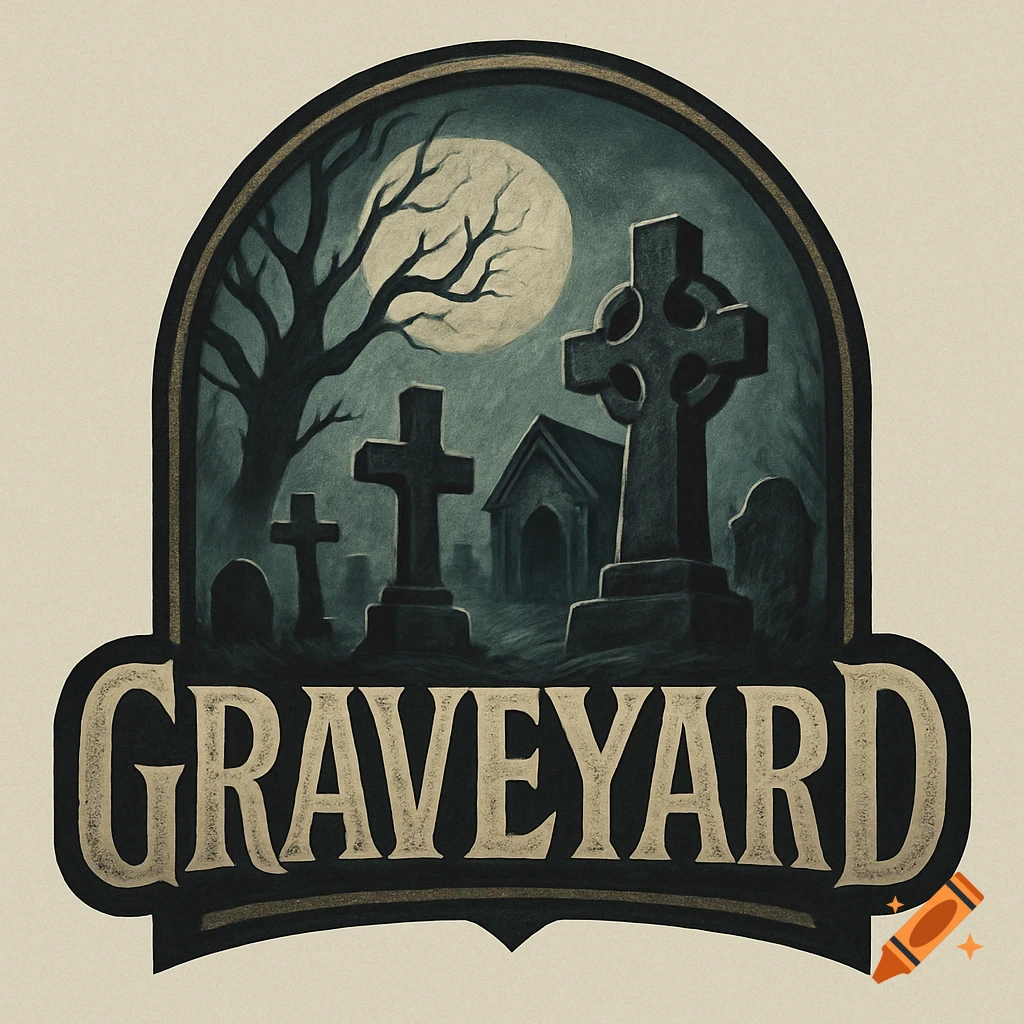 Logo illustration of a spooky graveyard scene with text "GRAVEYARD" on ...