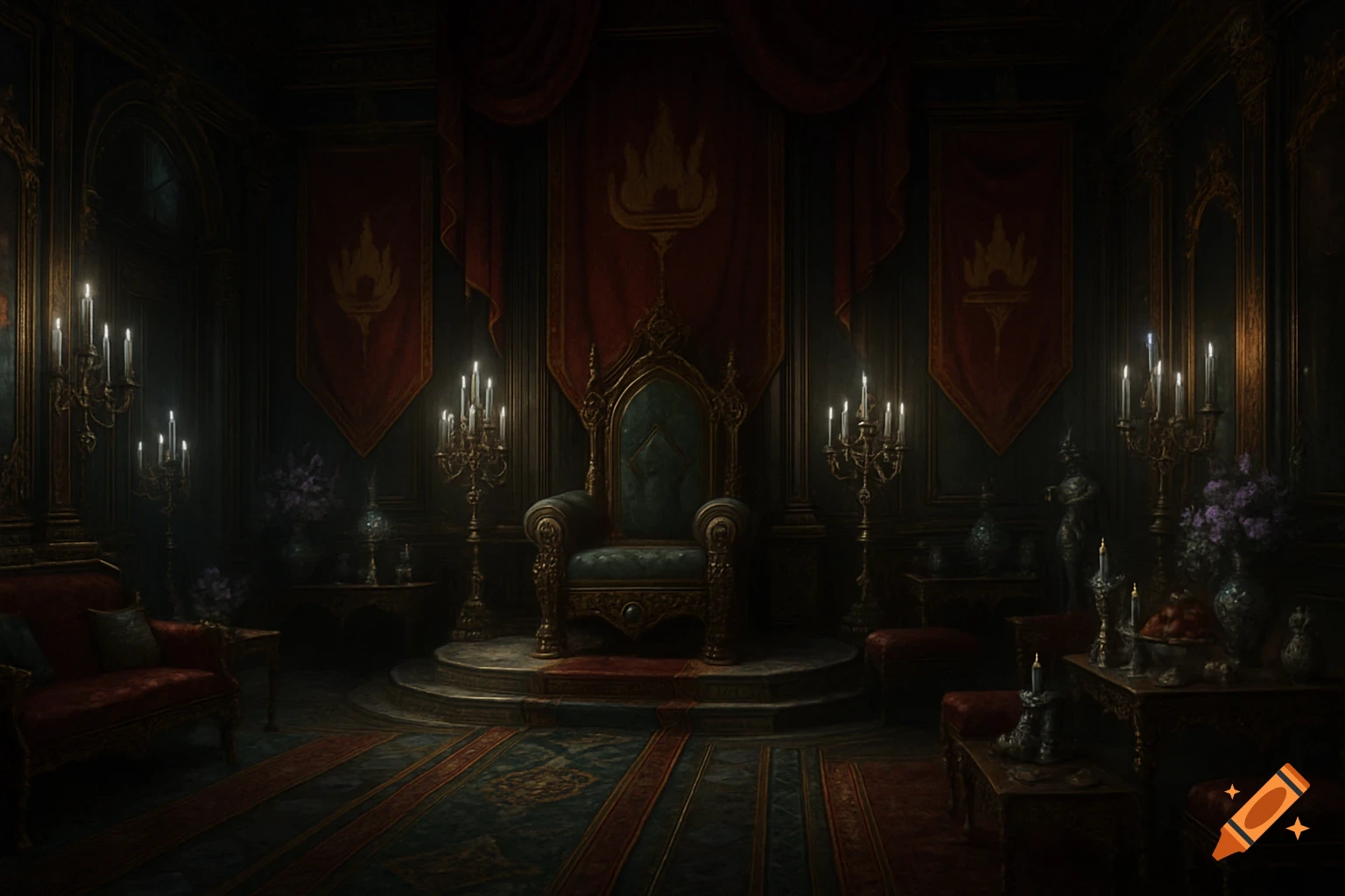 A dark fantasy throne room with a regal chair, candelabras, banners ...