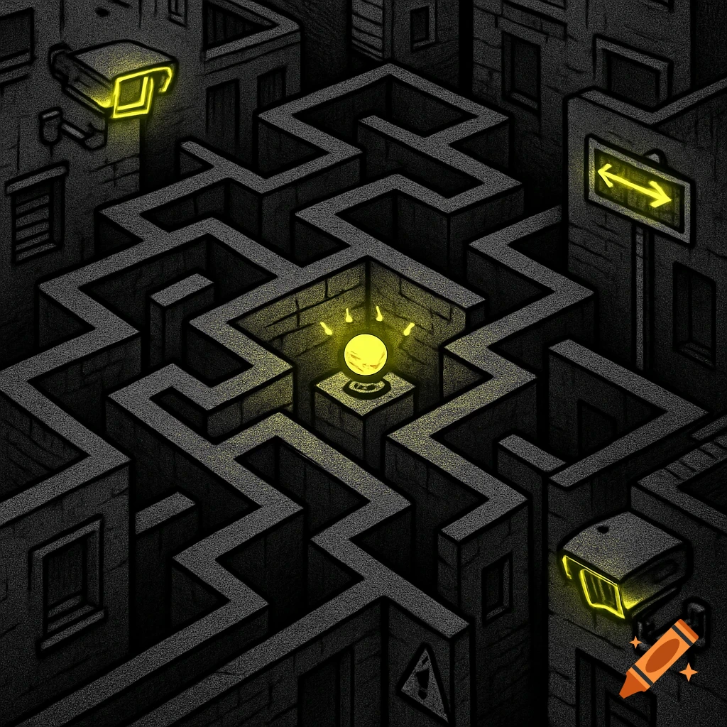 A stylized grayscale urban maze with glowing lights, surveillance ...