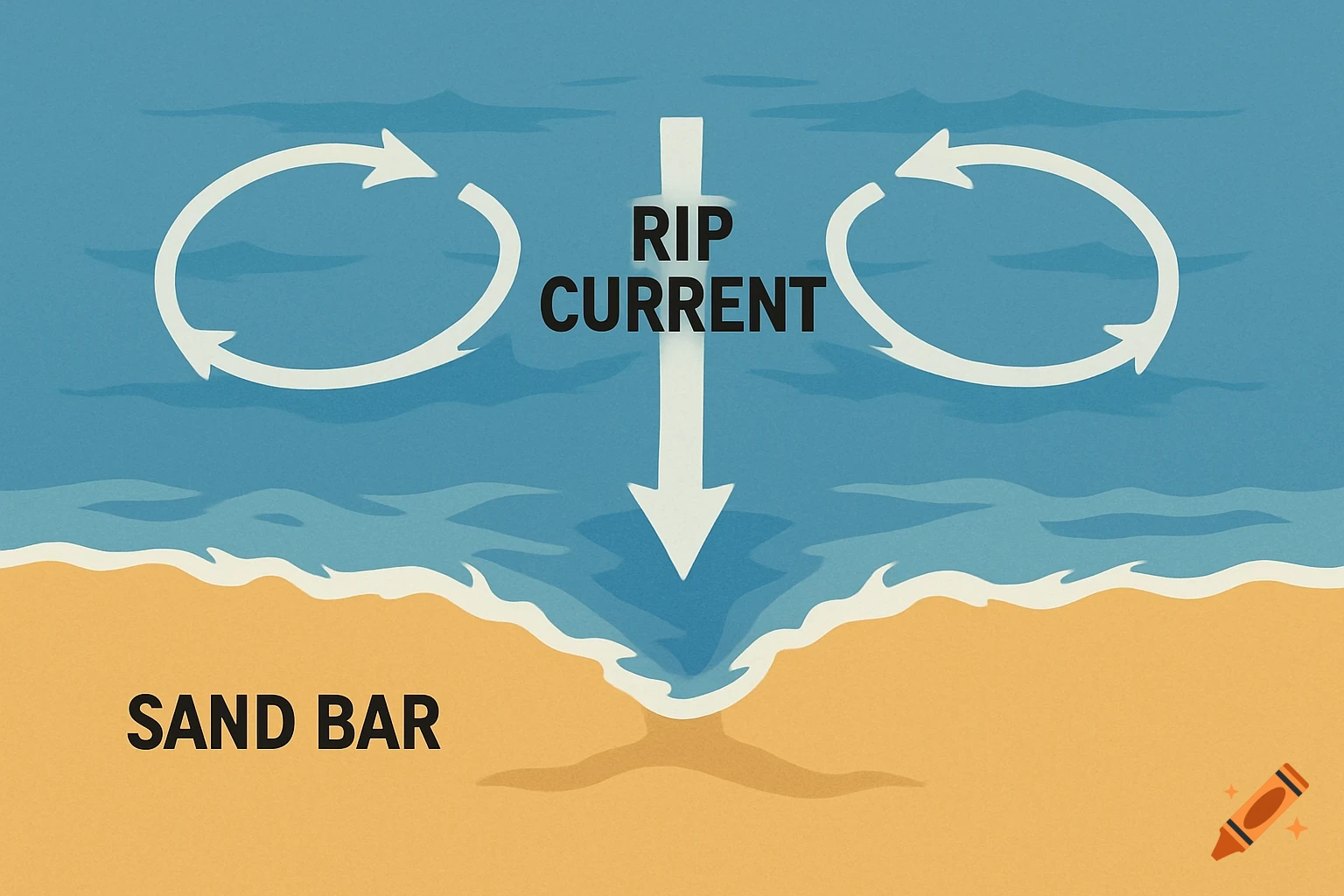 Diagram showing a rip current with labels for RIP CURRENT and SAND BAR ...