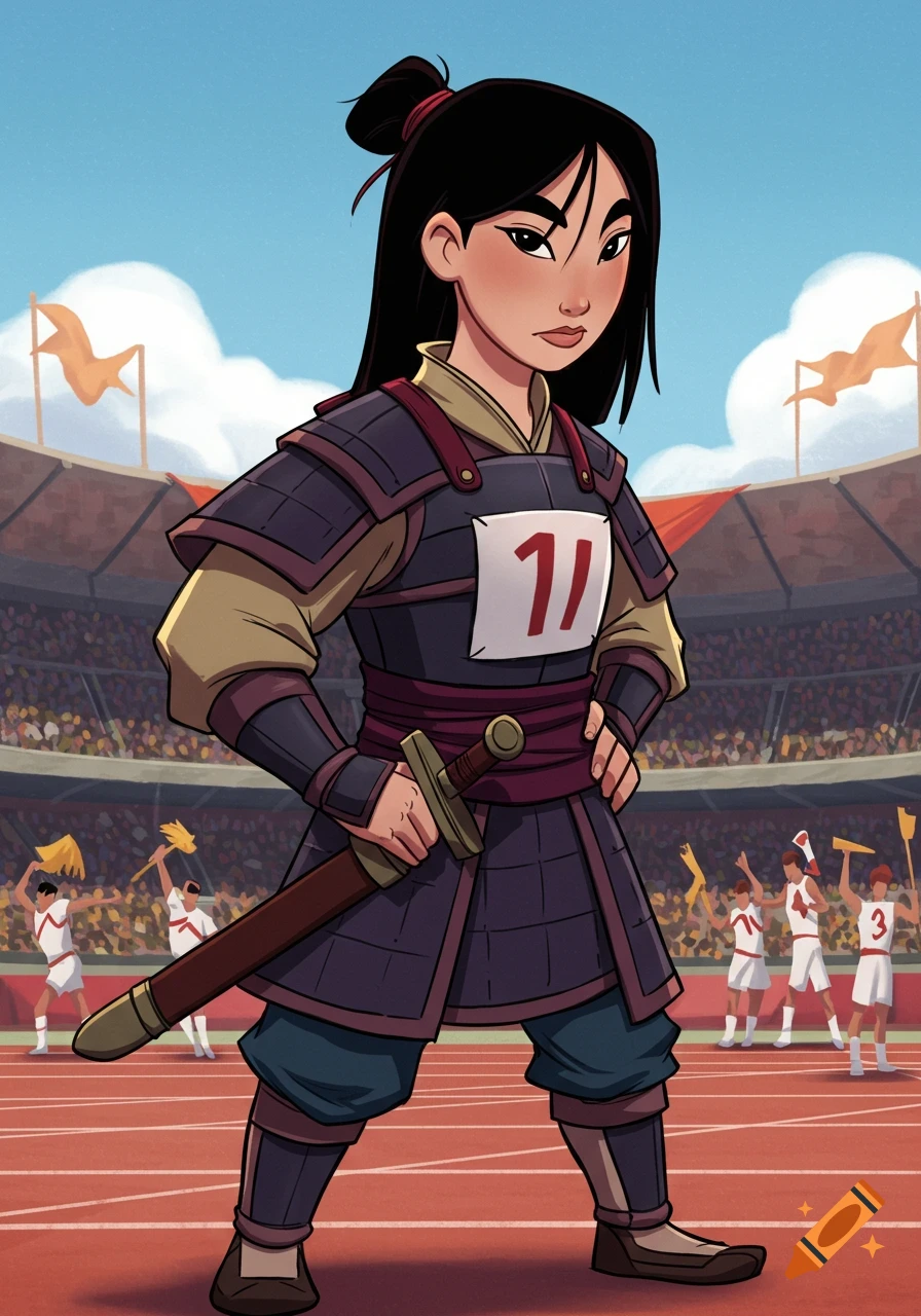 Cartoon Mulan in armor and an '11' bib stands in an olympic stadium. on ...