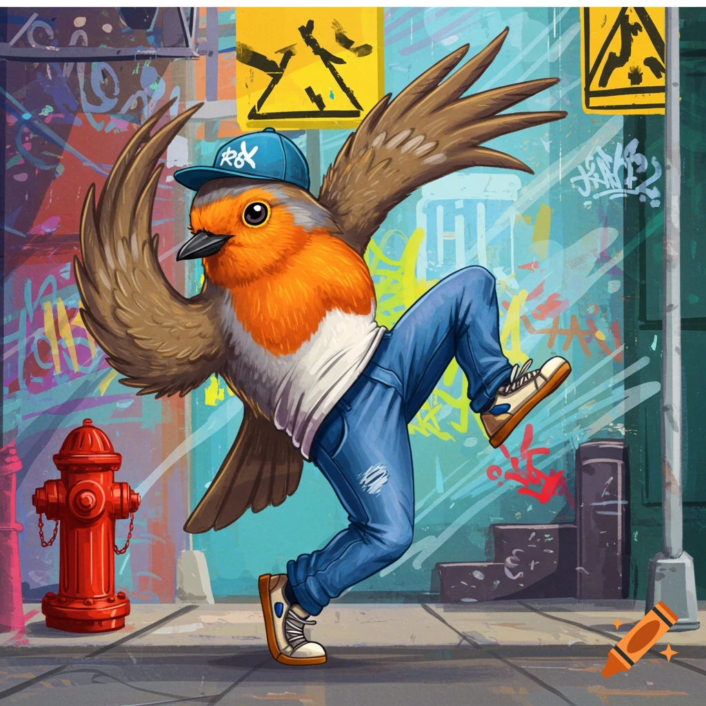 Cartoon robin bird breakdancing in a graffiti street scene. on Craiyon