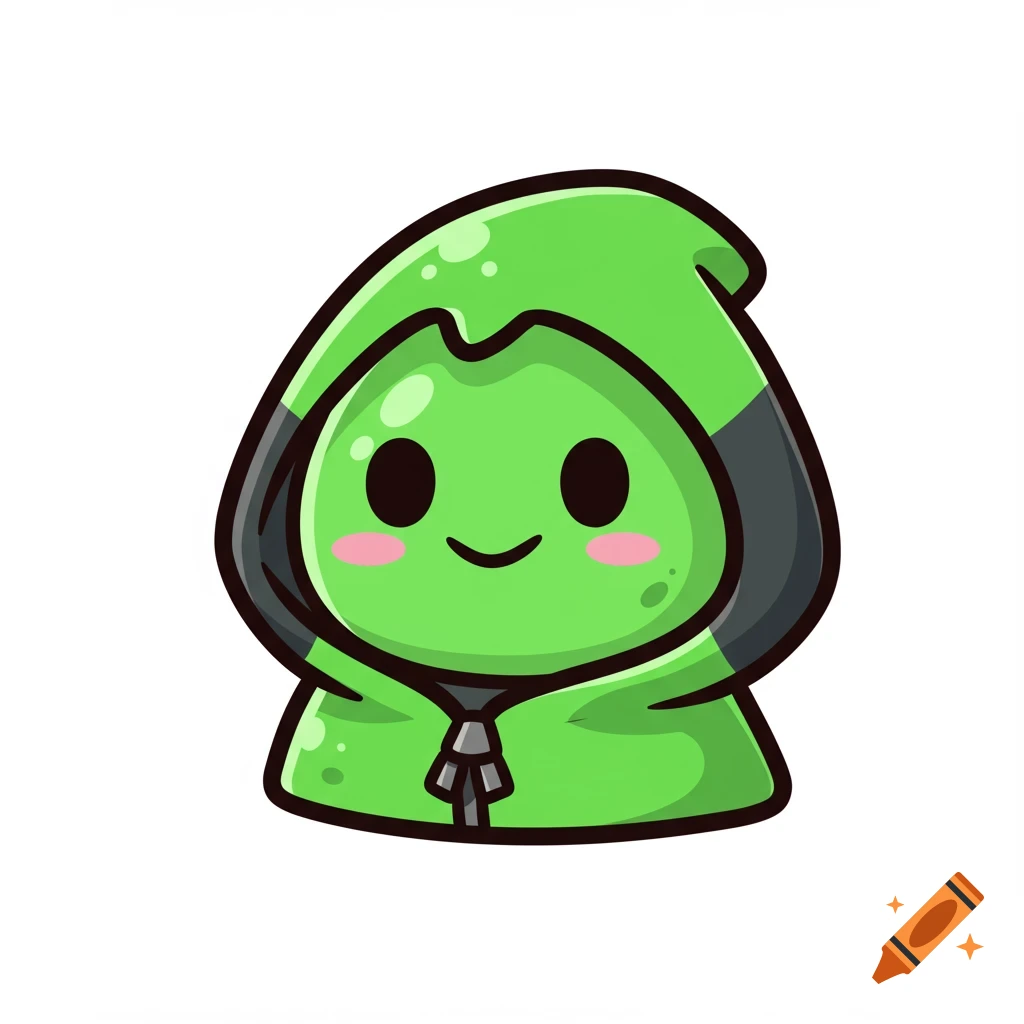 A cute green slime blob cartoon character wearing a green and black ...