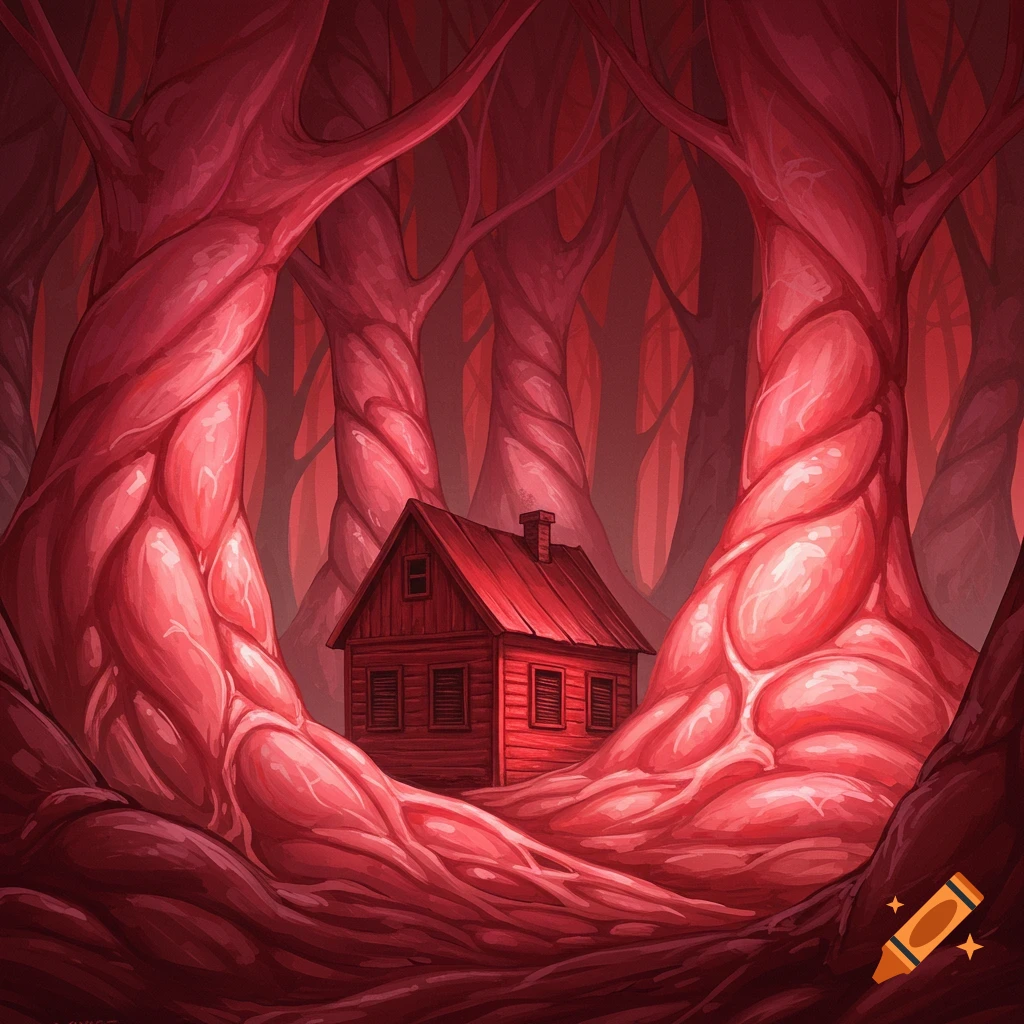 A red cabin stands in a dark, fleshy forest landscape. on Craiyon