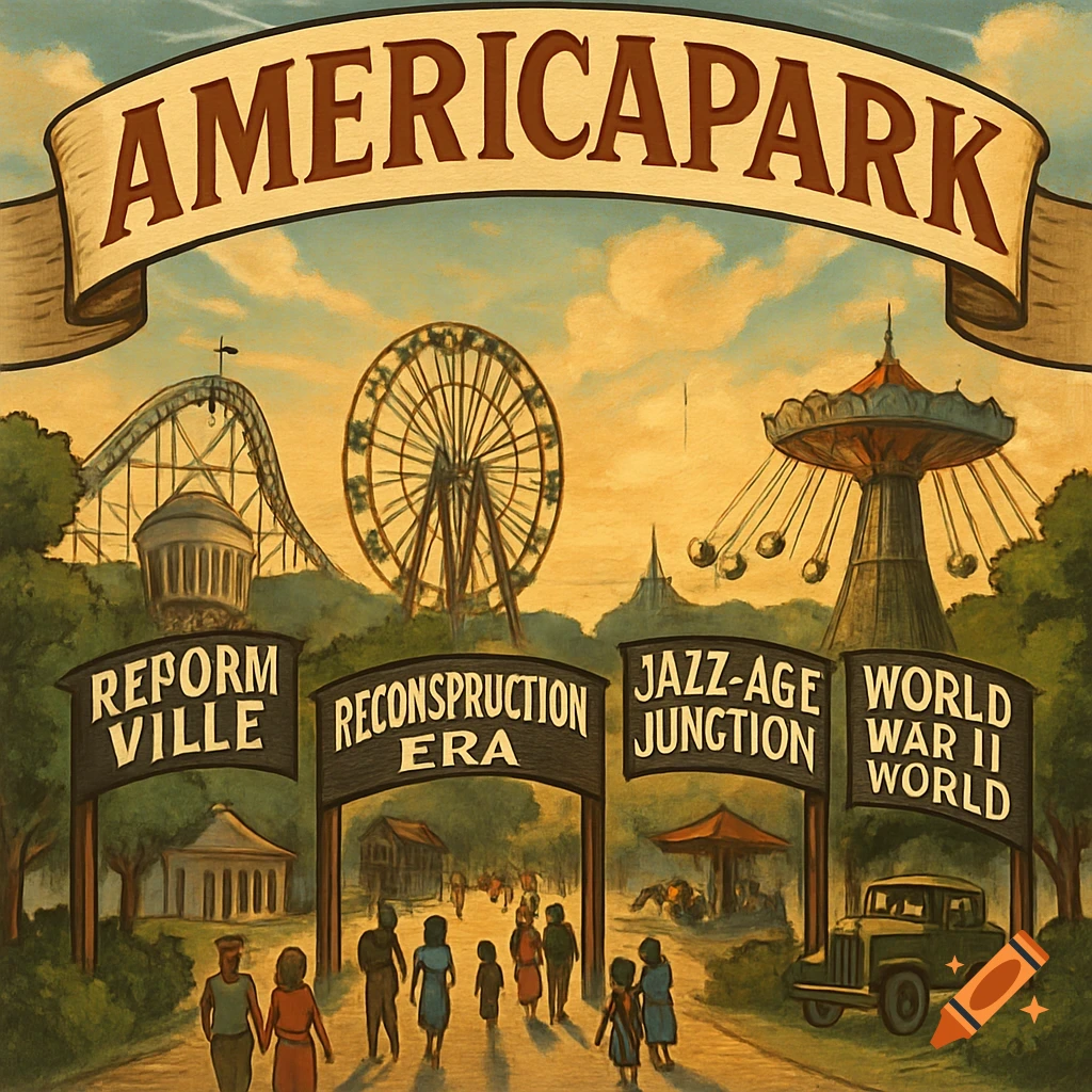 Vintage poster for Americapark amusement park with historical sections ...
