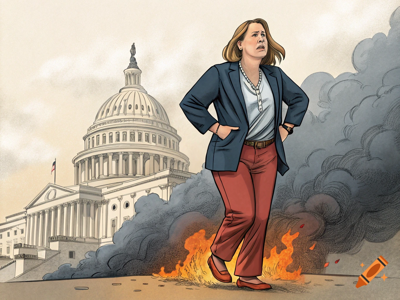 Political cartoon of a woman with pants on fire walking from the ...