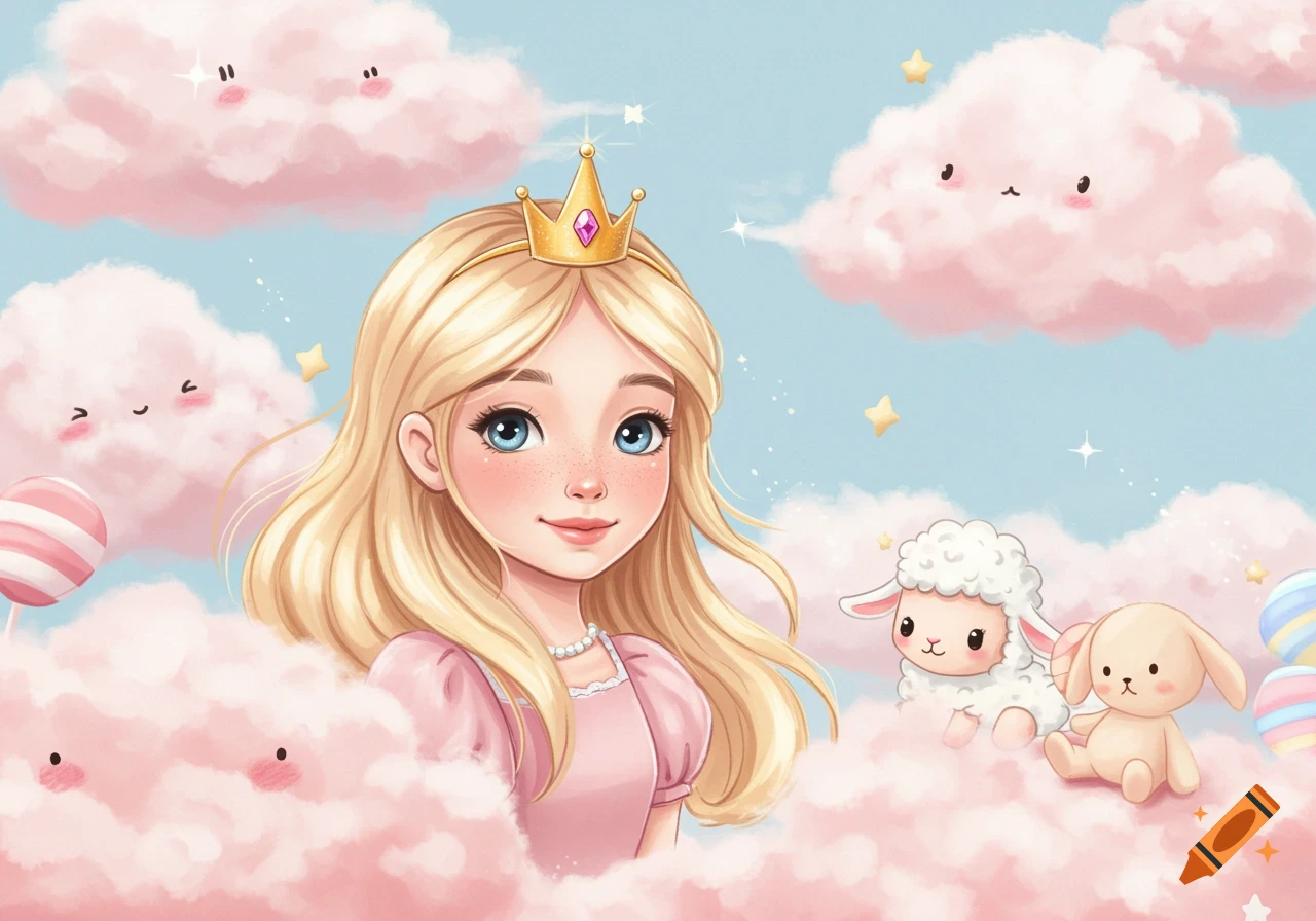 Cute cartoon princess in a crown surrounded by pink clouds, stars, a ...