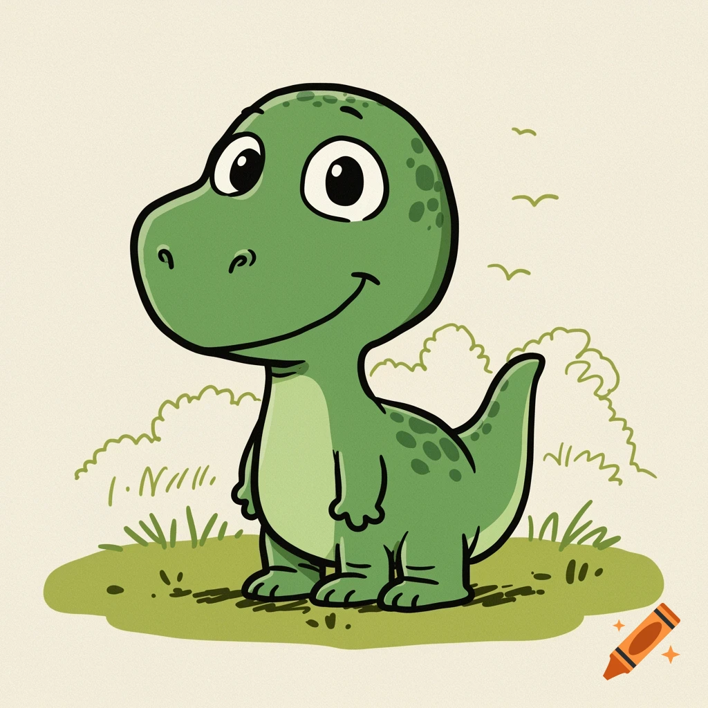 Cartoon illustration of a smiling green baby dinosaur standing in the ...