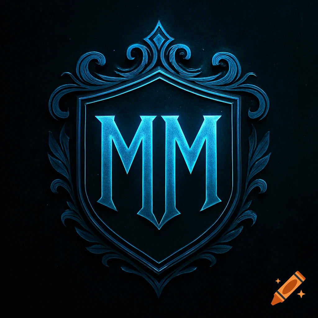 Futuristic blue glowing MM initials on a dark ornate shield on Craiyon
