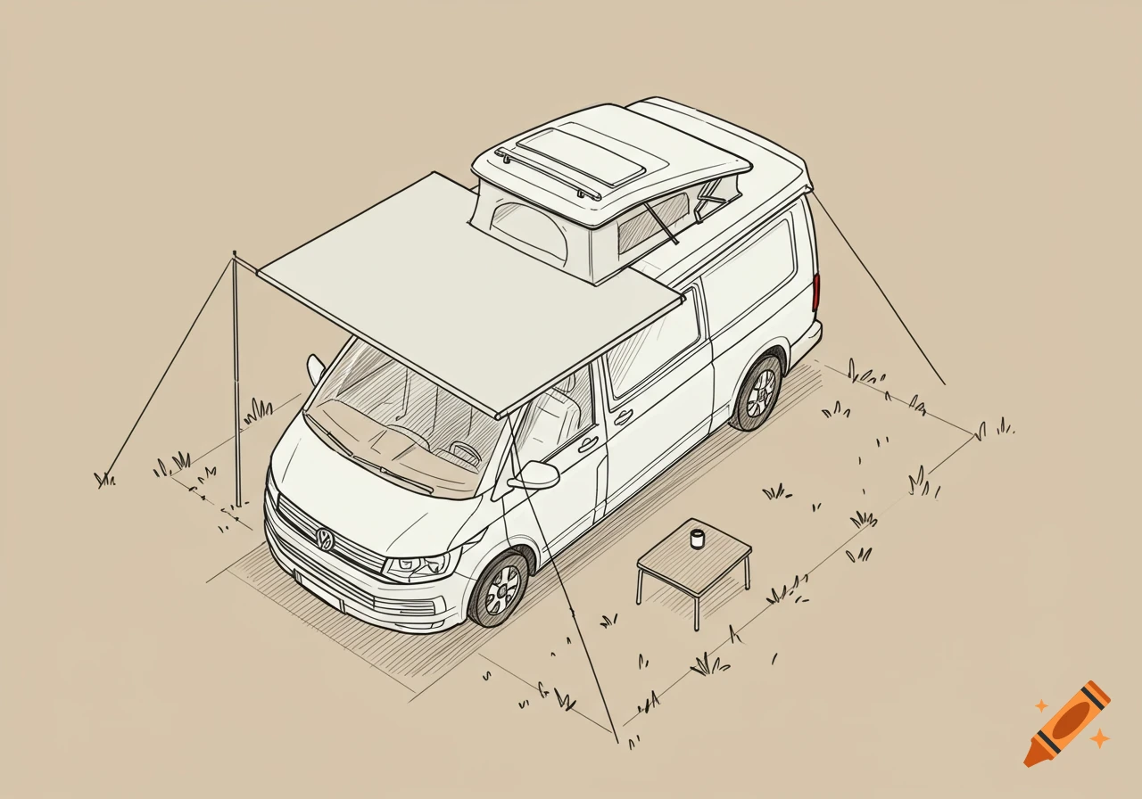 Fine line drawing of a VW Transporter campervan with awning and pop-up ...