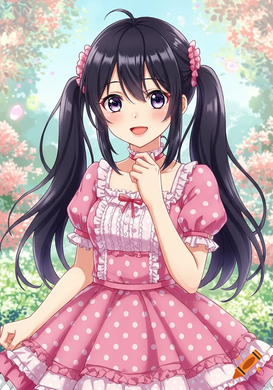 Anime illustration of a girl with black pigtails in a pink polka dot ...
