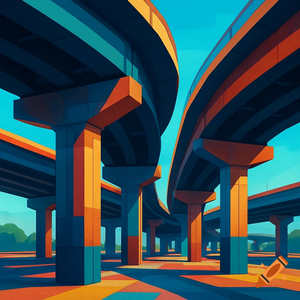 Stylized view from below highway overpasses and supporting pillars in a ...