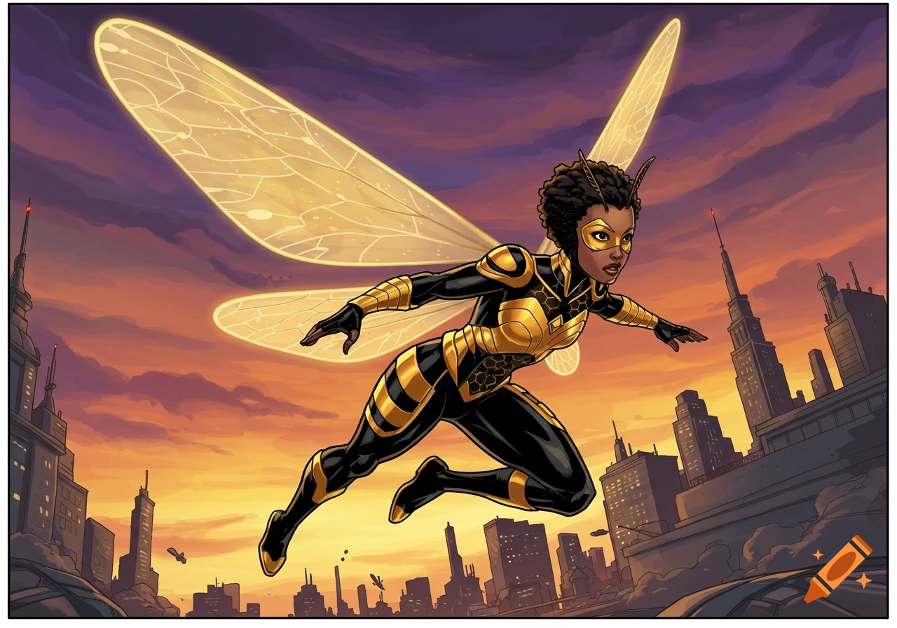 A comic art illustration of a bee-themed superhero flying above a city ...