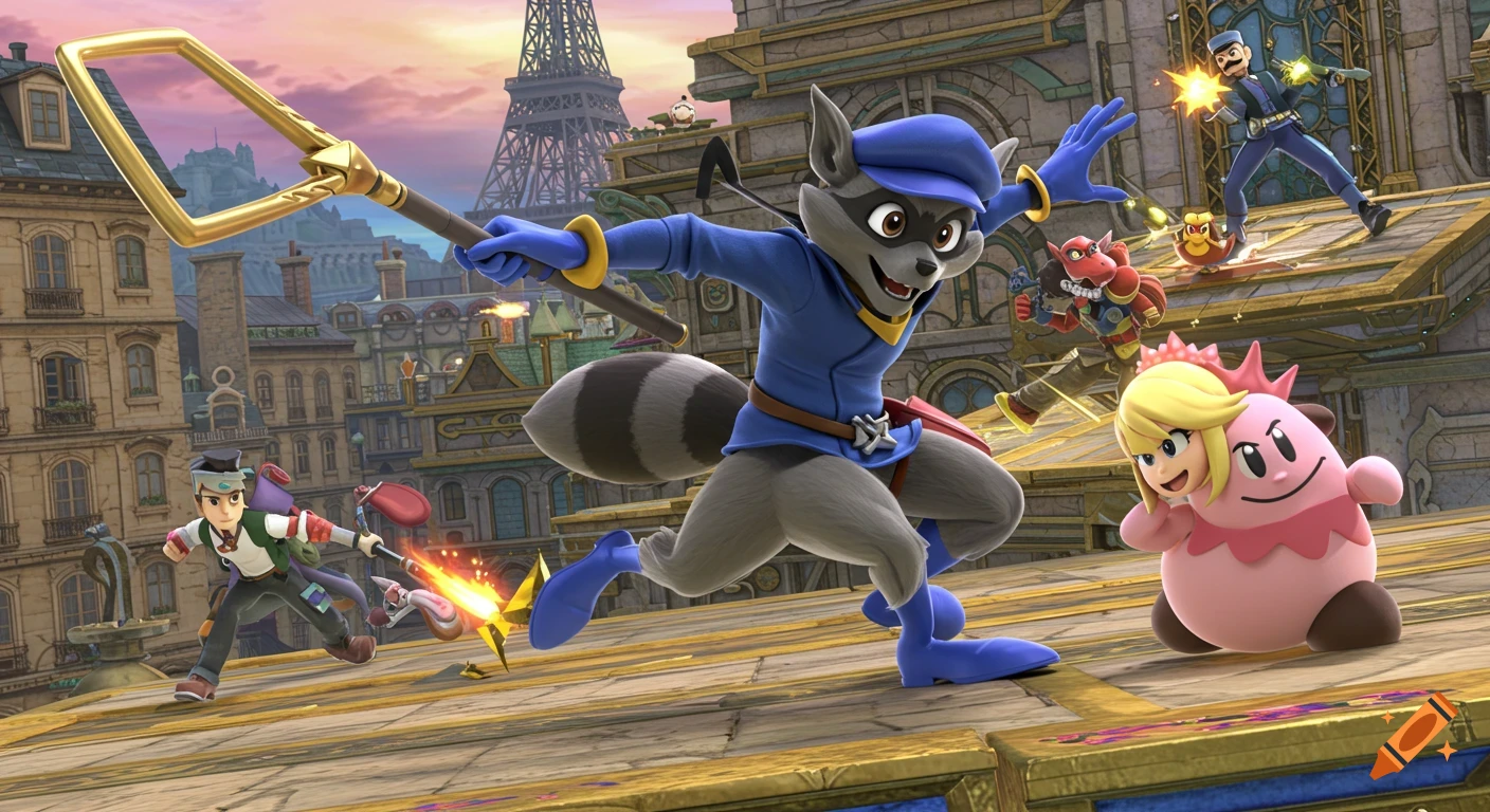 Sly Cooper and other characters fighting in a Super Smash Bros style on a Paris rooftop stage on ...