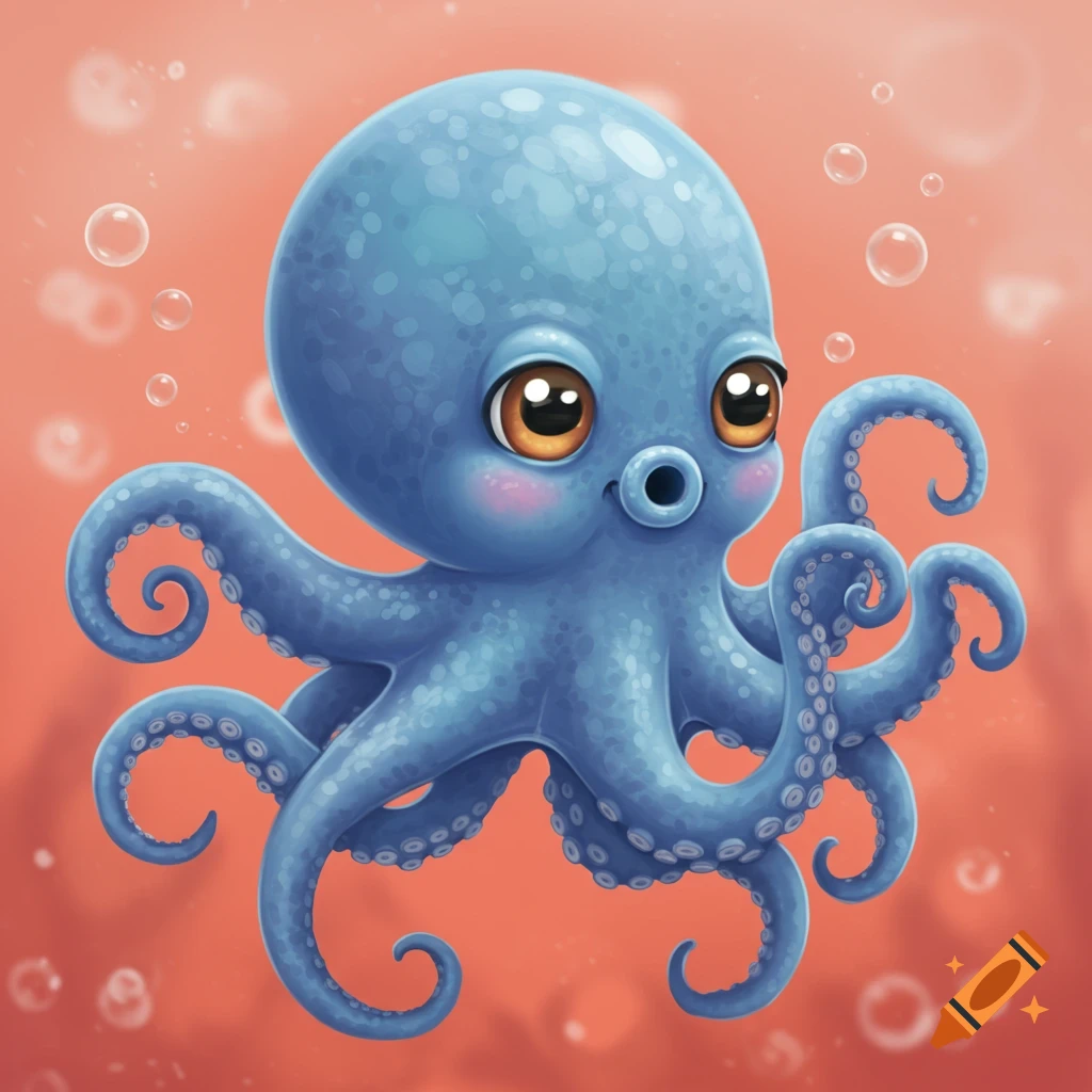 A cute blue cartoon octopus floats among bubbles. on Craiyon