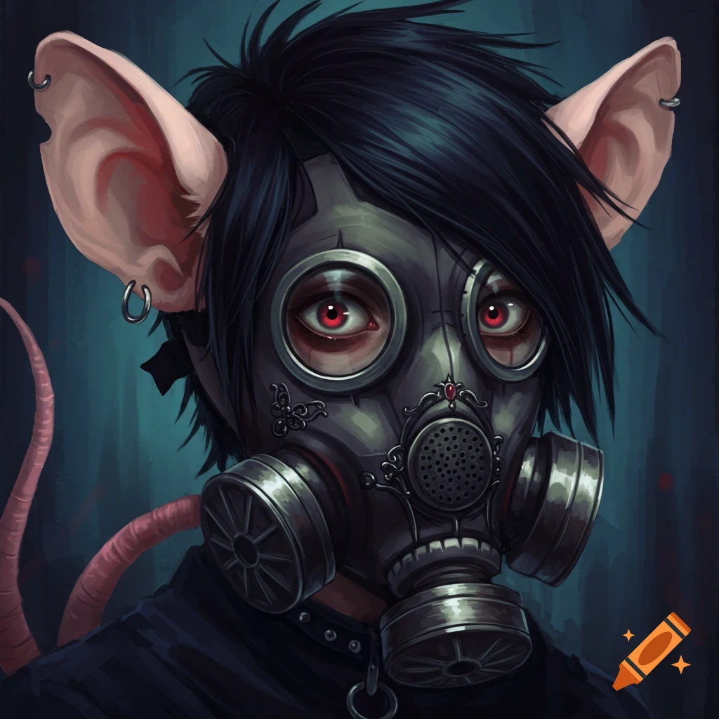 Portrait of a person with large rat ears wearing a gas mask, in a dark ...