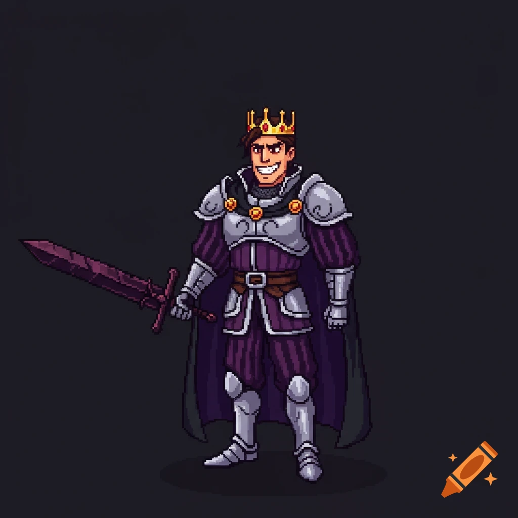 Pixel art character of a dark prince in purple armor with a crown and ...