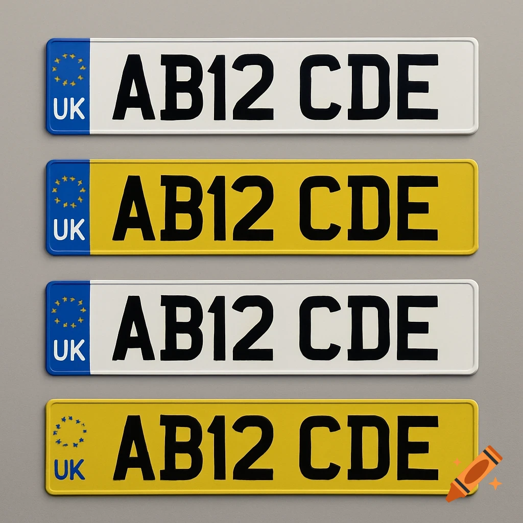 Four UK number plates, two white and two yellow, stacked vertically. on ...