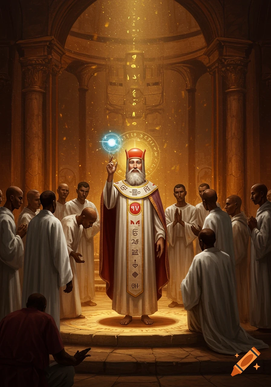 A robed figure leads a group in a temple ceremony with mystical symbols ...