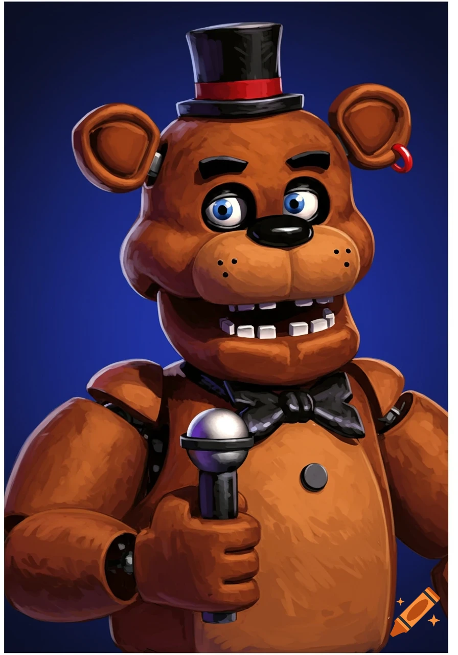 Illustration of Freddy Fazbear holding a microphone on Craiyon