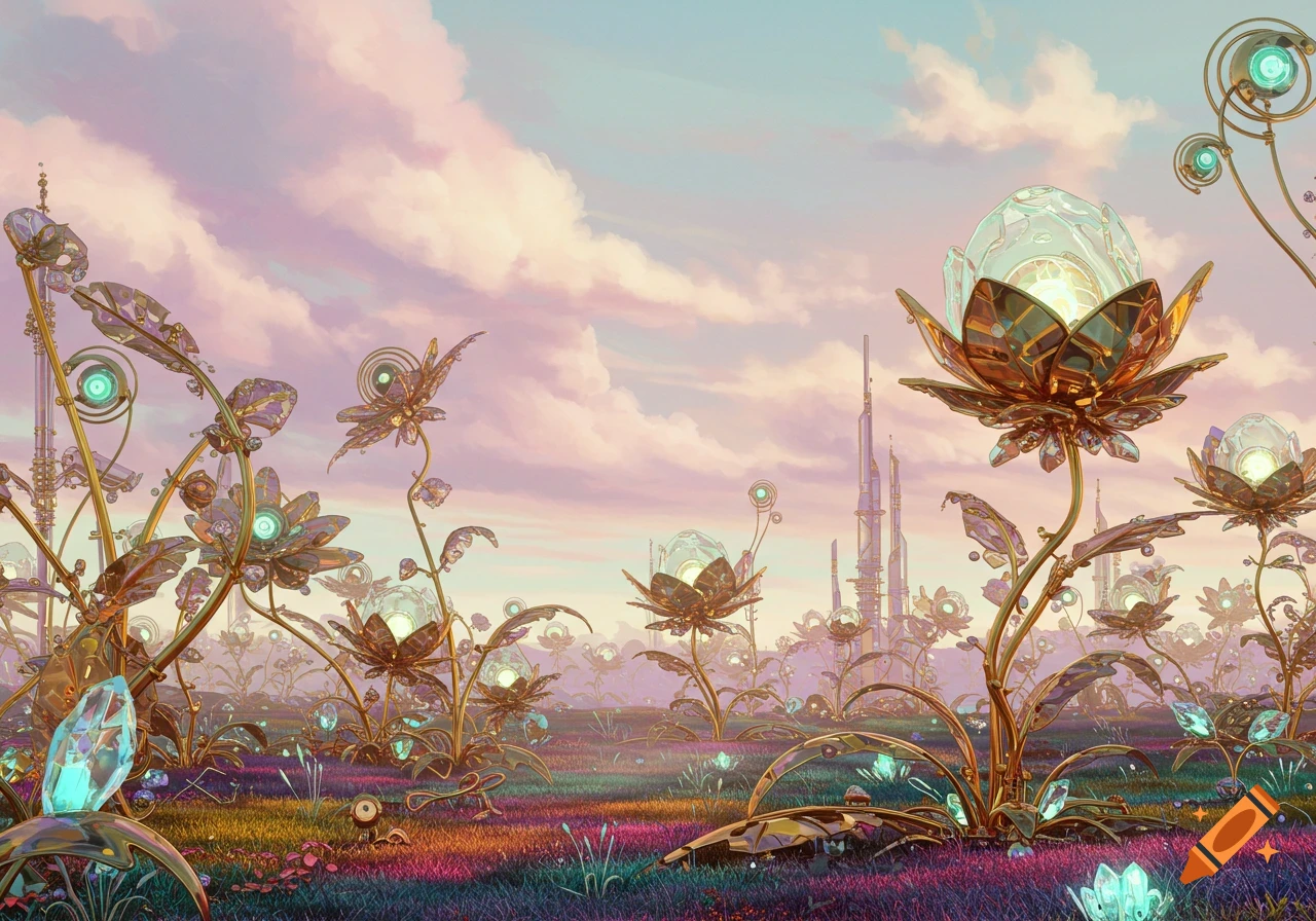 A vibrant dreamscape field filled with intricate mechanical flowers ...