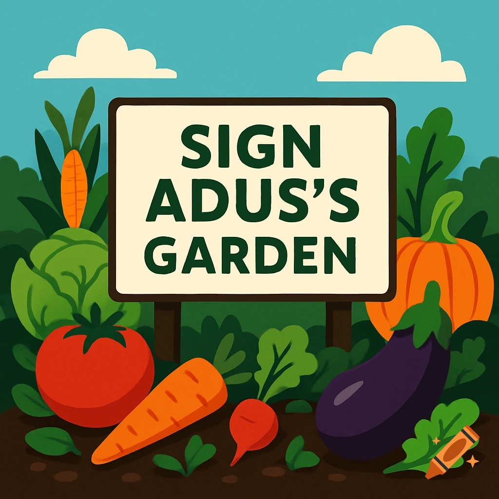 Colorful illustration of a garden sign reading 'SIGN ADUS'S GARDEN ...
