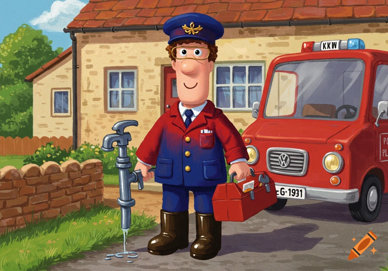 Cartoon illustration of Postman Pat as a plumber with a water pump and ...