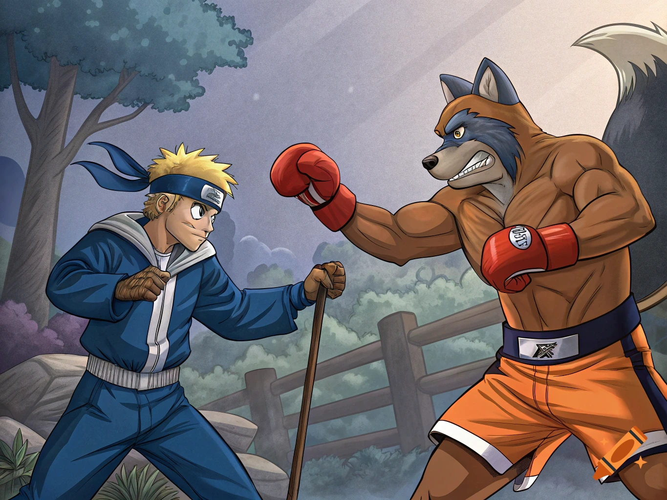 Anime character Naruto faces an anthropomorphic wolf in boxing gear ...