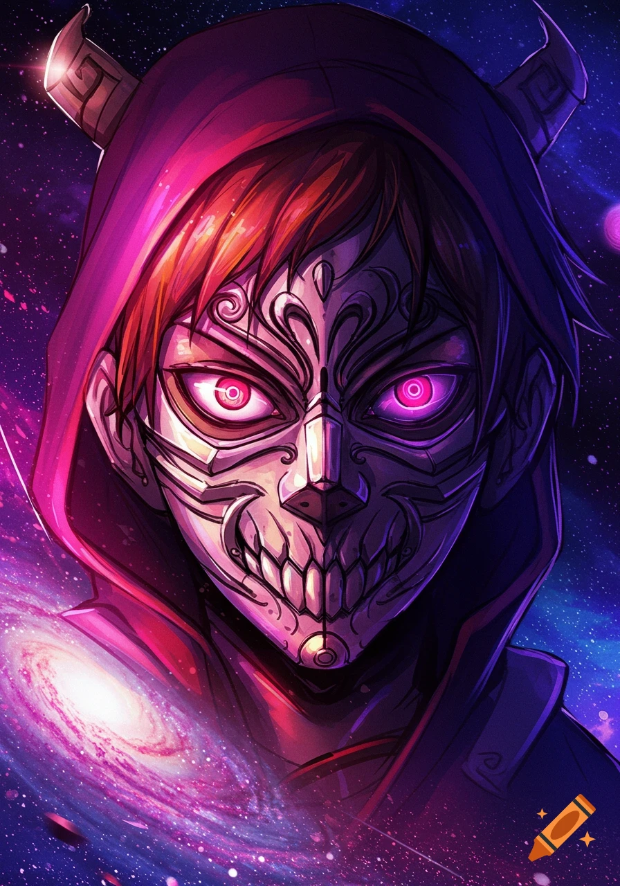 Anime portrait of a character wearing a hood and mask with glowing eyes ...
