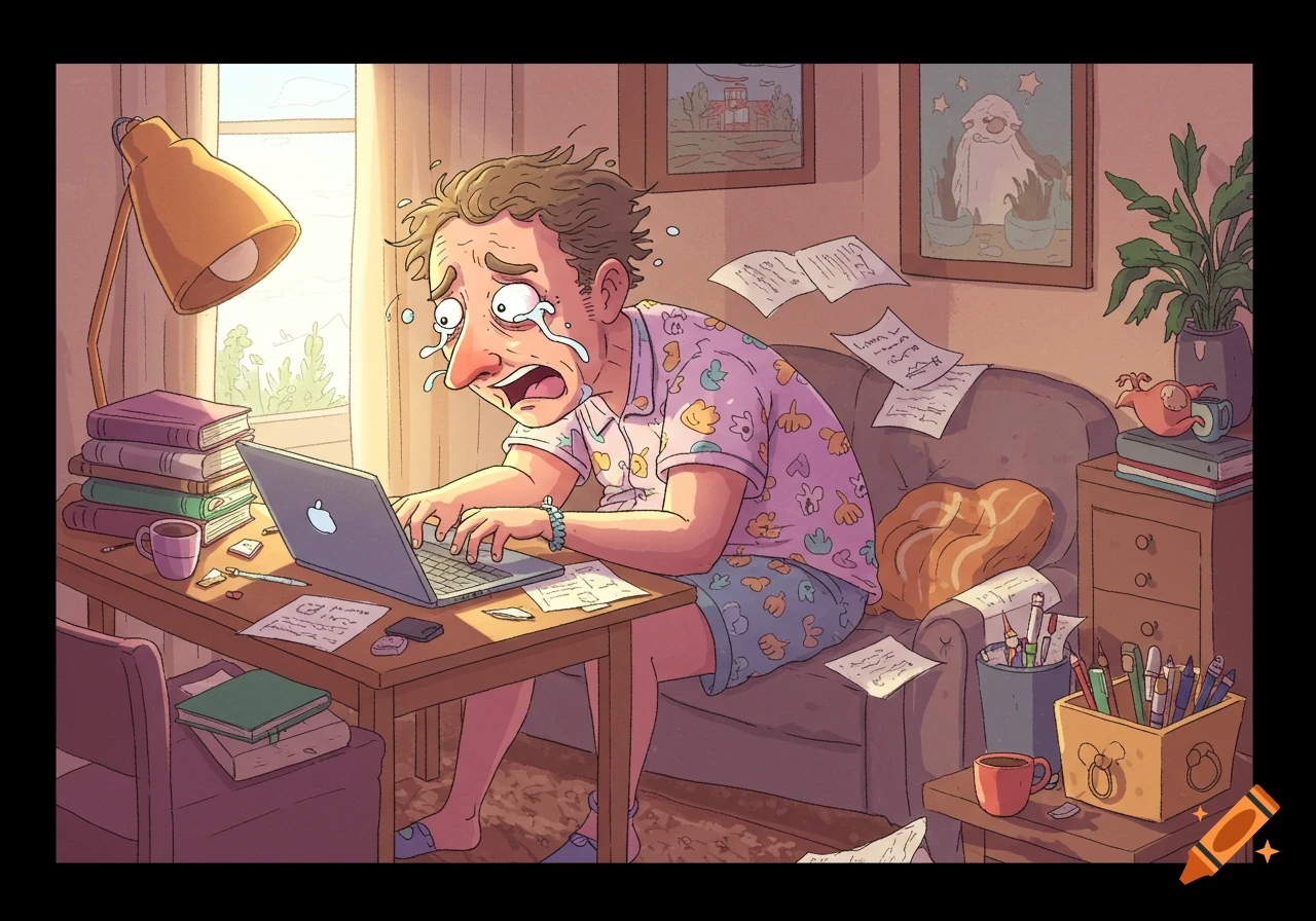 Cartoon illustration of a man crying while typing on a laptop at a messy desk at home. on Craiyon