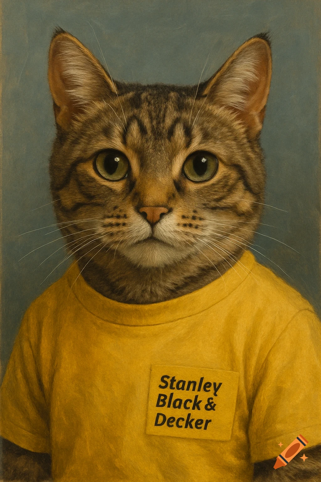 A tabby cat in a yellow t-shirt with a 'Stanley Black & Decker' logo ...